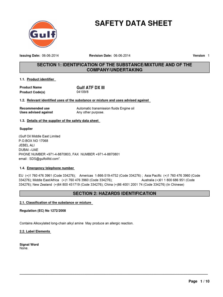 Gulf ATF DX III Safety Data Sheet | PDF | Firefighting | Toxicity