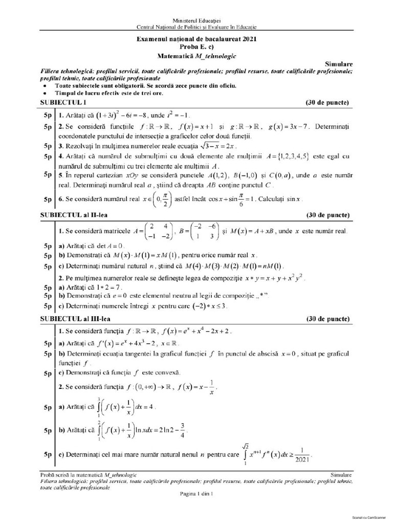 E C Matematica M Tehnologic 2021 Var Simulare LRO | PDF