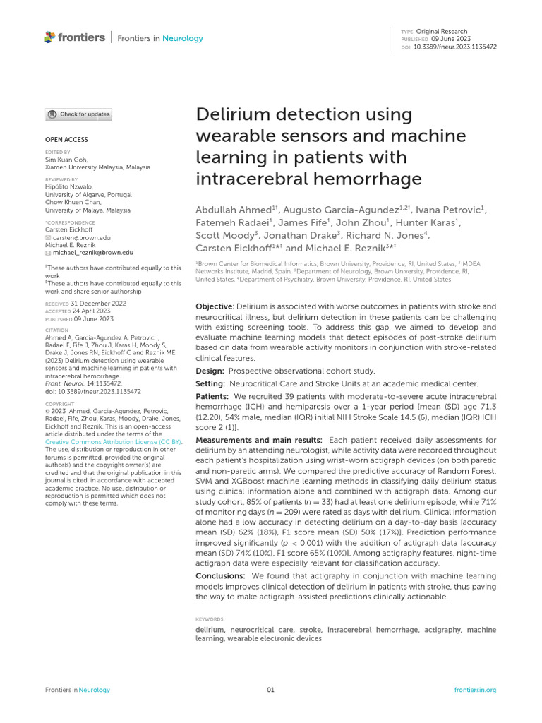 Delirium Detection Using Wearable Sensors and Machine Learning in Patients With Intracerebral ...