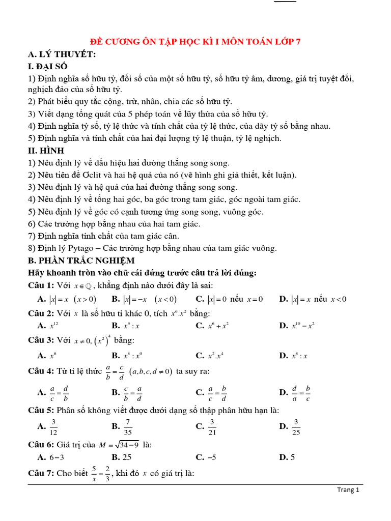 De Cuong On Tap Hoc Ki 1 Toan 7 | PDF