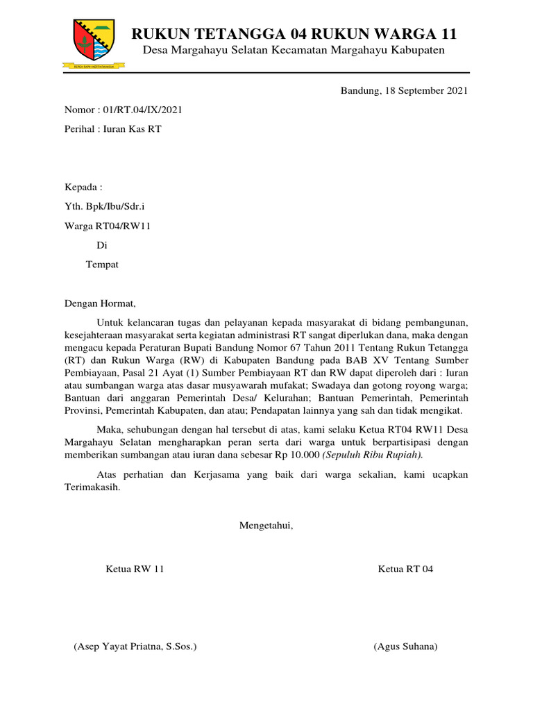 Surat Pemberitahuan Iuran Dana RT04 | PDF