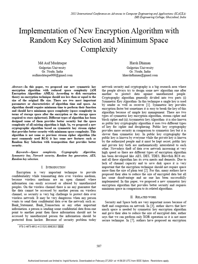 Implementation of New Encryption Algorithm With Random Key Selection and Minimum Space ...