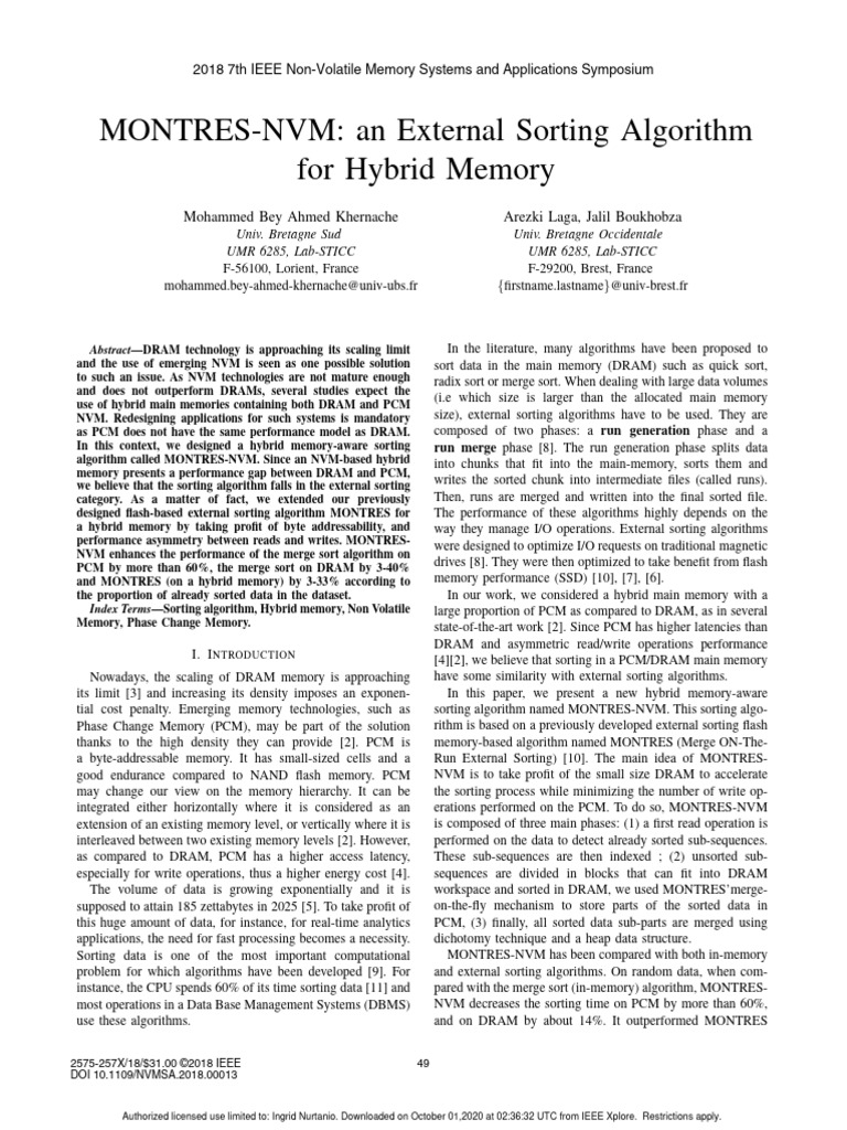 MONTRES-NVM: An External Sorting Algorithm For Hybrid Memory | Download Free PDF | Solid State ...