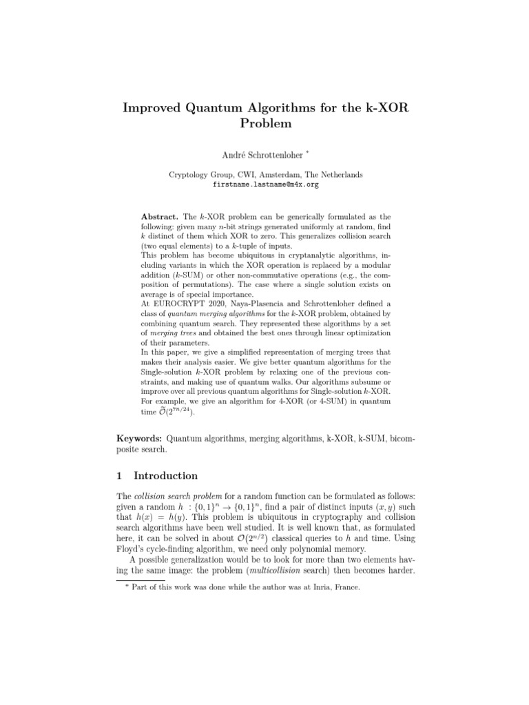 Improved Quantum Algorithms For The k-XOR Problem | PDF