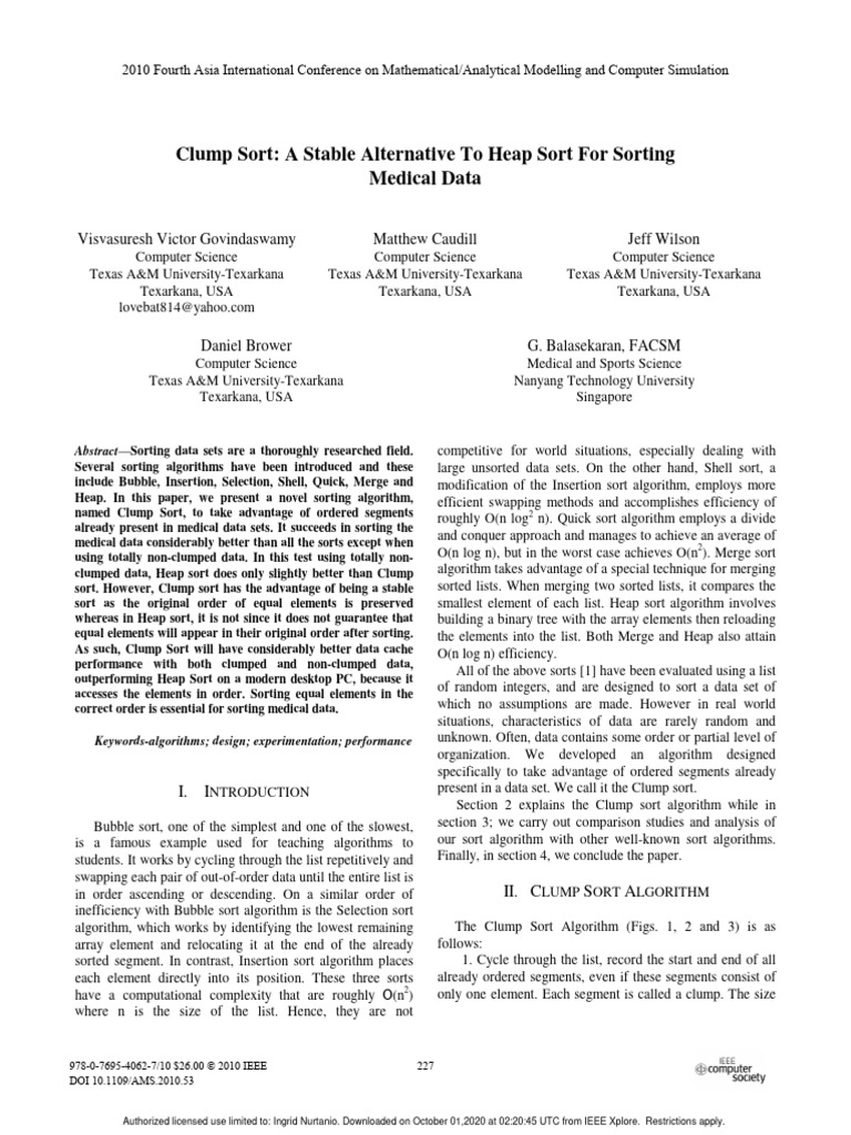 Clump Sort: A Stable Alternative To Heap Sort For Sorting Medical Data ...