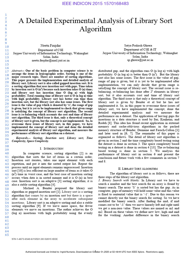 A Detailed Experimental Analysis of Library Sort Algorithm: Neetu Faujdar | PDF