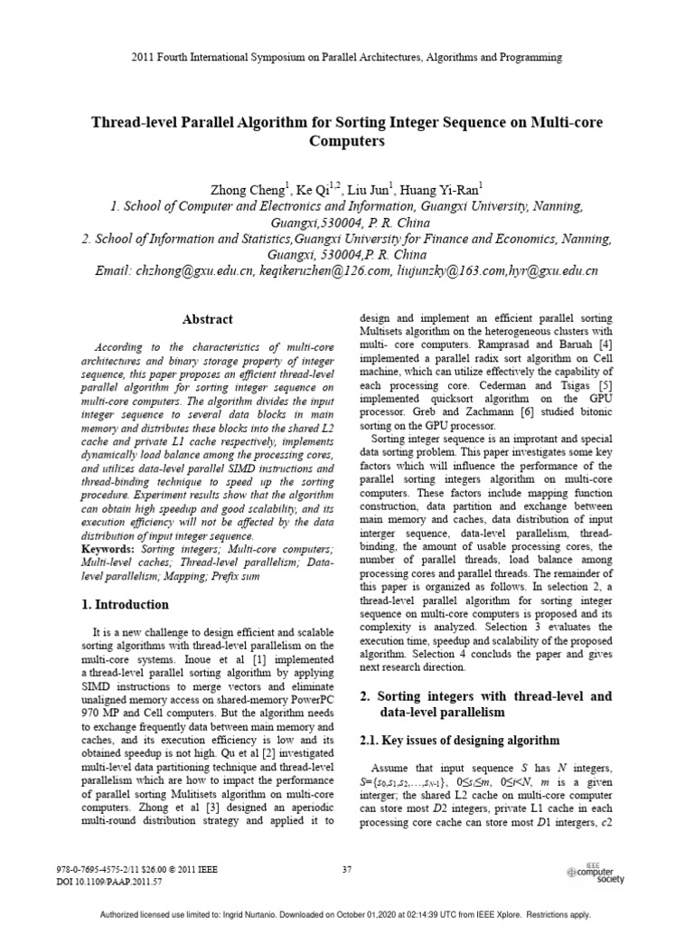 Thread-Level Parallel Algorithm For Sorting Integer Sequence On Multi-Core Computers | PDF