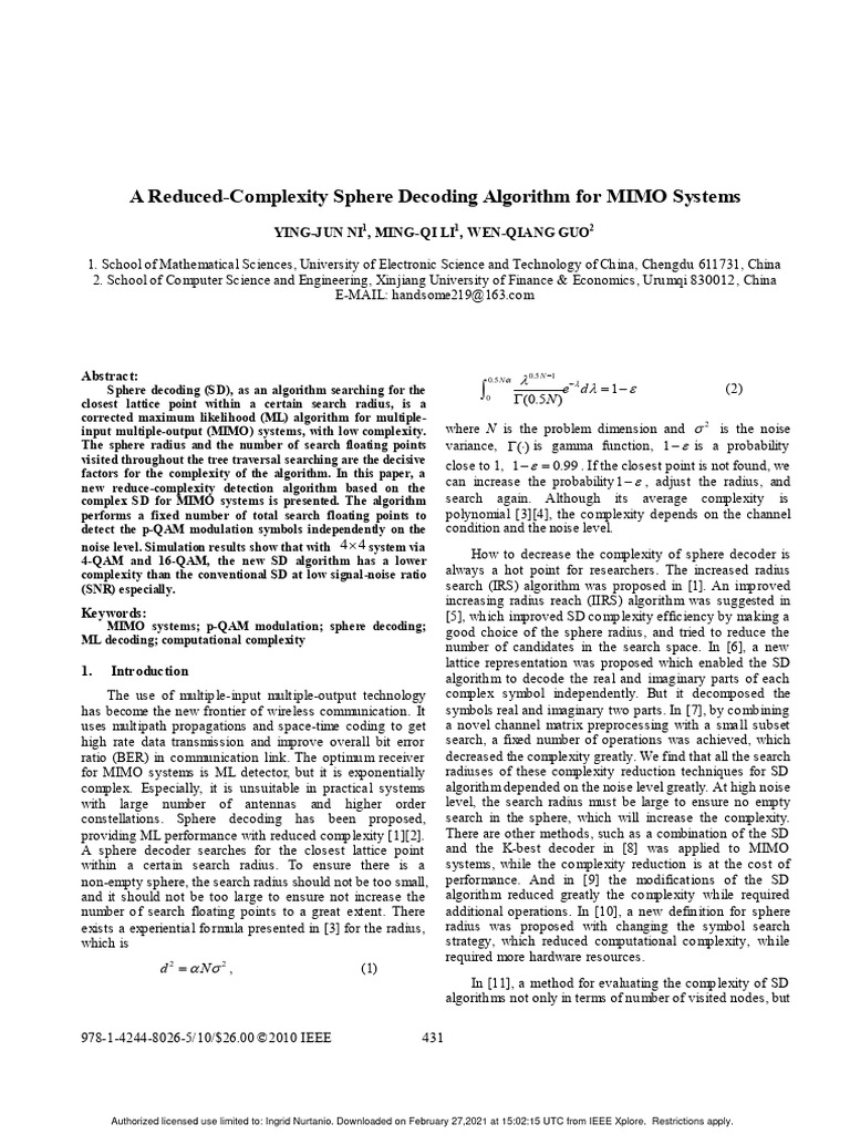 A Reduced-Complexity Sphere Decoding Algorithm For MIMO Systems | PDF | Mimo | Data Transmission