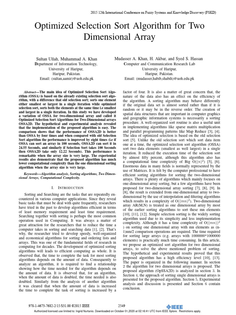 Optimized Selection Sort Algorithm For Two Dimensional Array | Download Free PDF | Matrix ...