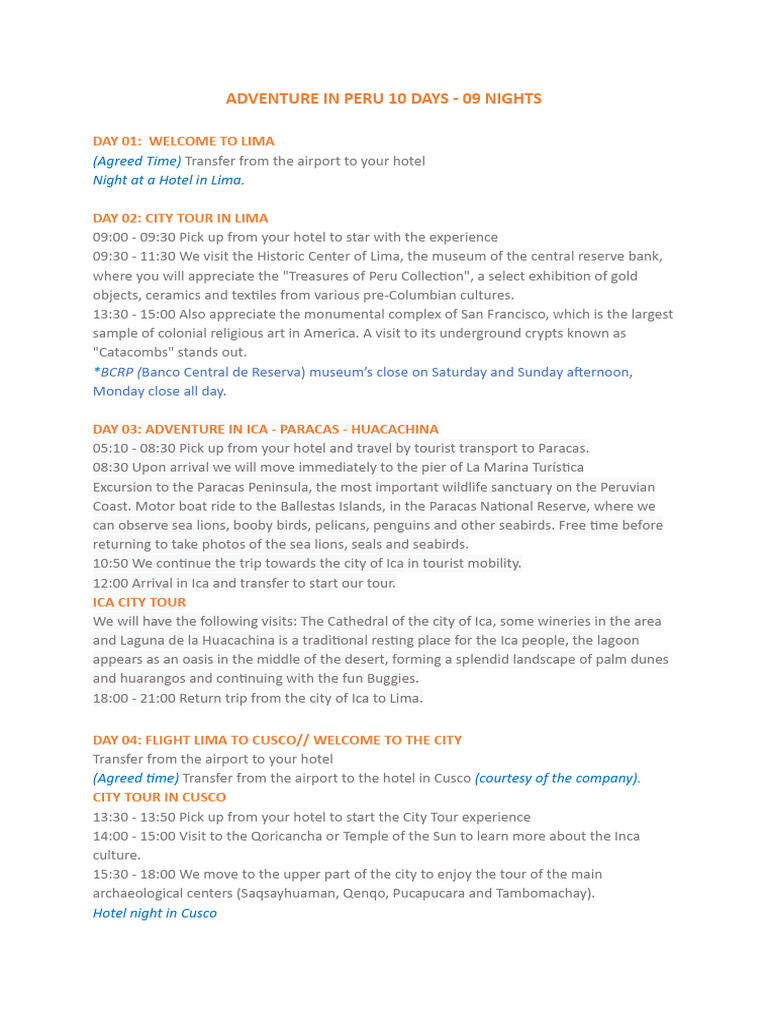 10-Day Peru Adventure Itinerary | PDF | Social Science | Travel