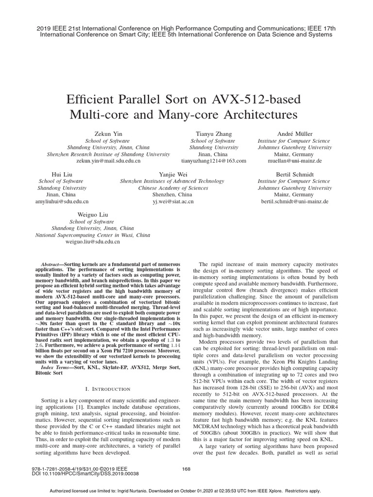 Efficient Parallel Sort On AVX-512-based Multi-Core and Many-Core Architectures | PDF | Multi ...