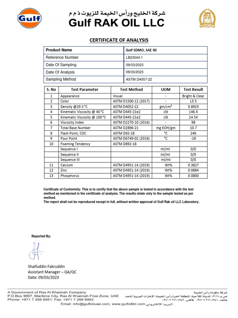 LB23044.1 Gulf SDMO SAE 40 | PDF | Viscosity | Physical Quantities
