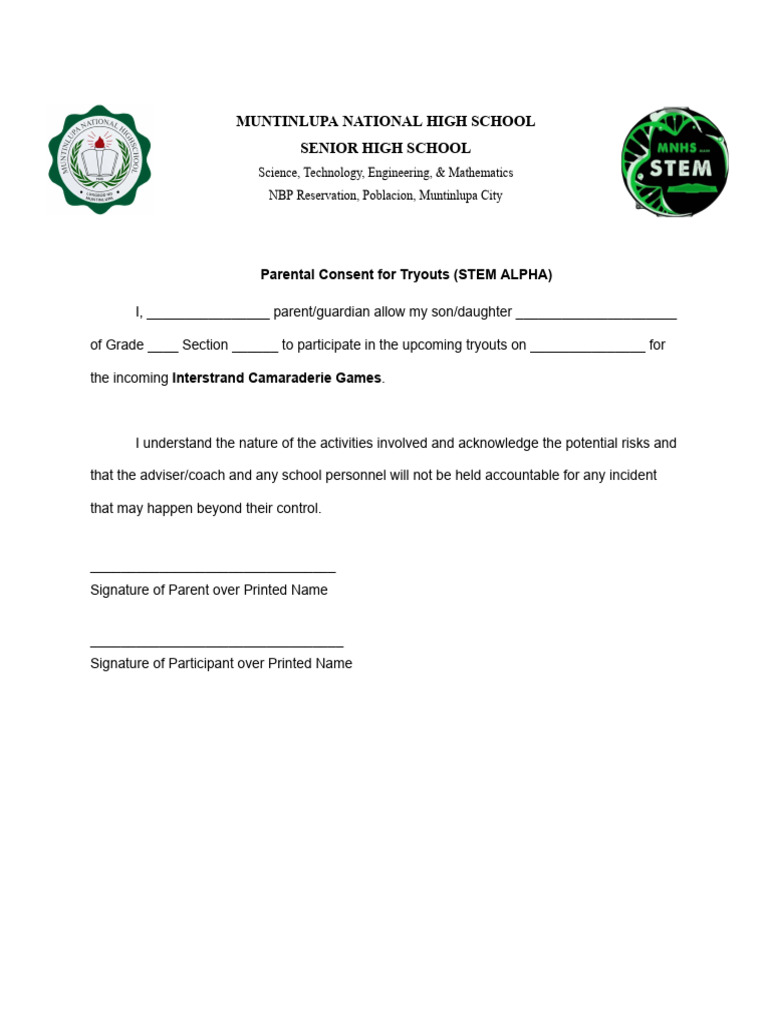 Parental Consent For Tryouts | PDF