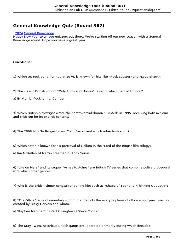 Pub Quiz Questions HQ - General Knowledge Quiz Round 367 | PDF | Travel ...