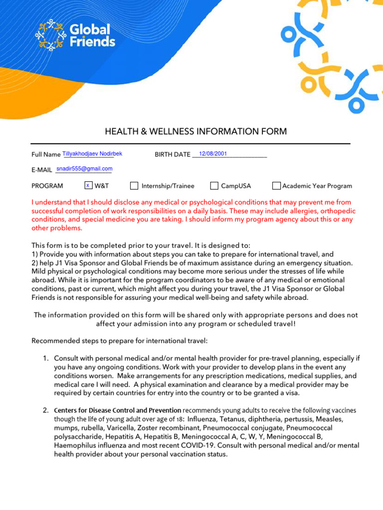 2022 08 15 Health and Wellness Information Form Global Friends 2023 ...