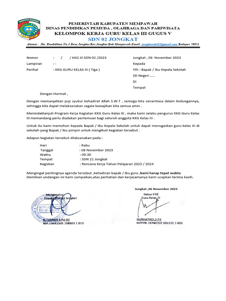 UNDANGAN KKG KELAS III 2023 SD 21 | PDF