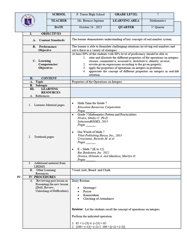 1024 - 7 - Q1 - Properties of The Operations On Integers | PDF ...