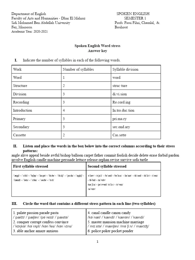 3 - Word - Stress - Answer Key | PDF | Stress (Linguistics) | Languages