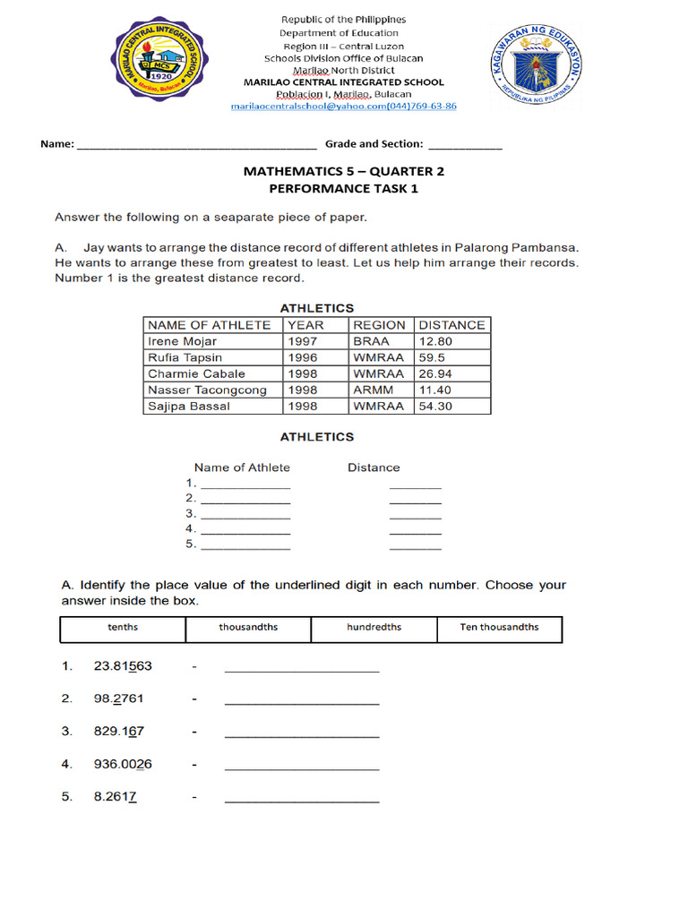 Mathematics 5 - Quarter 2 Performance Task 1 | PDF