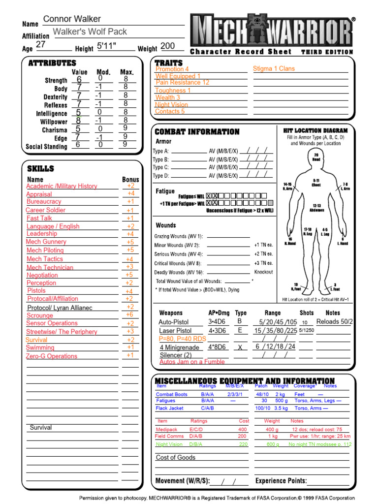 Mechwarrior Best Character Sheet EDIT2 CONNOR WALKER | PDF