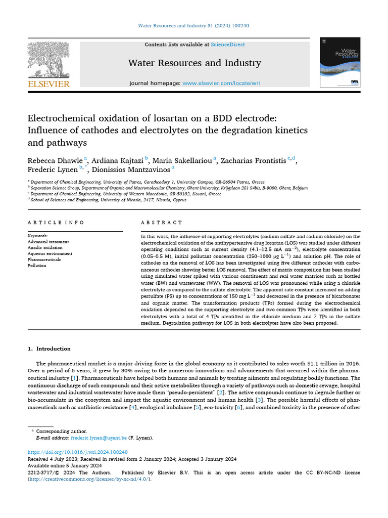 Electrochemical Oxidation of Losartan On A BDD Electrode I 2024 Water ...
