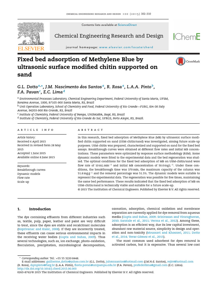 Fixed Bed Adsorption of Methylene Blue by Ultrason - 2015 - Chemical Engineering | PDF ...