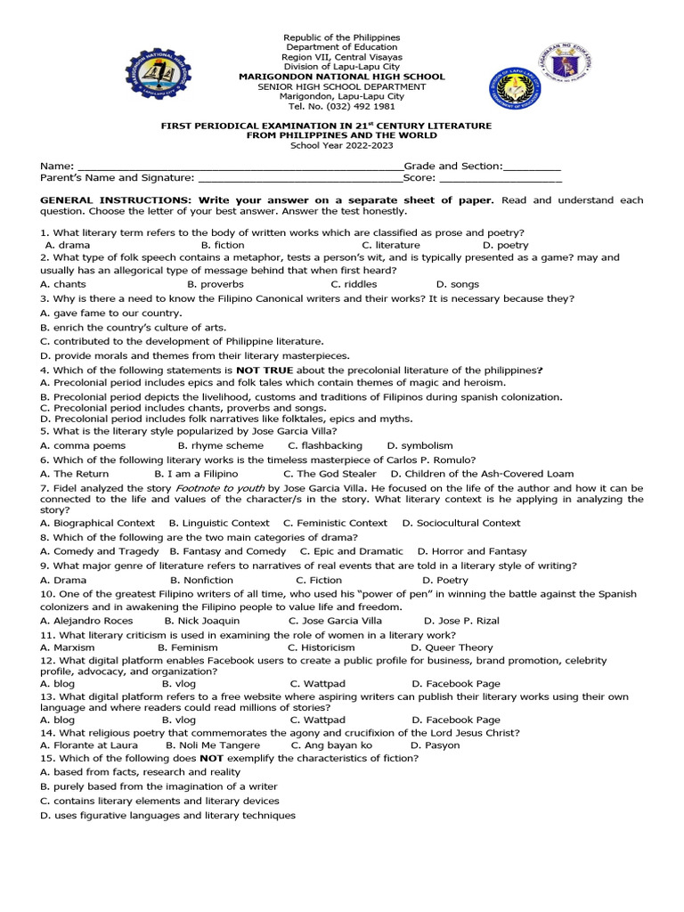 21st First Quarter Test | PDF | Poetry | Narrative 21st First Quarter Test | PDF | Poetry | Narrative