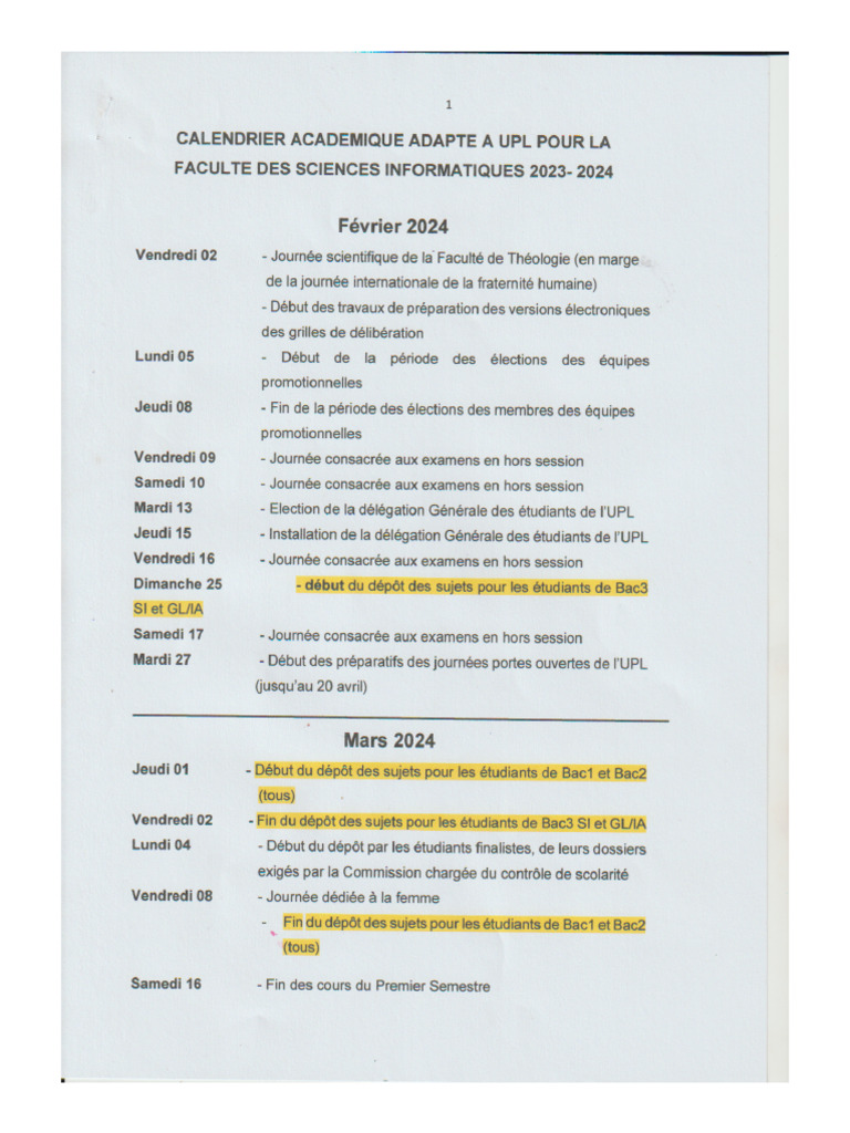 Calendrier Academique 2024 Fac Info | PDF