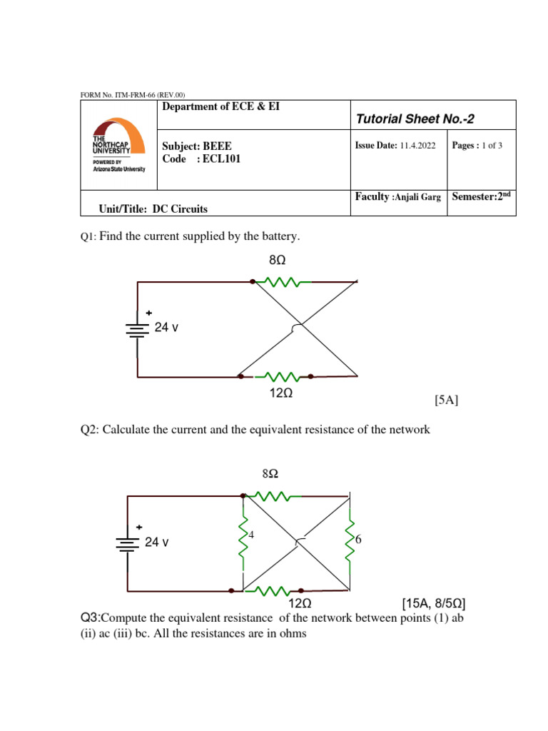 BEEE DC Circuits Tutorial Sheet 2 | PDF | Science & Mathematics
