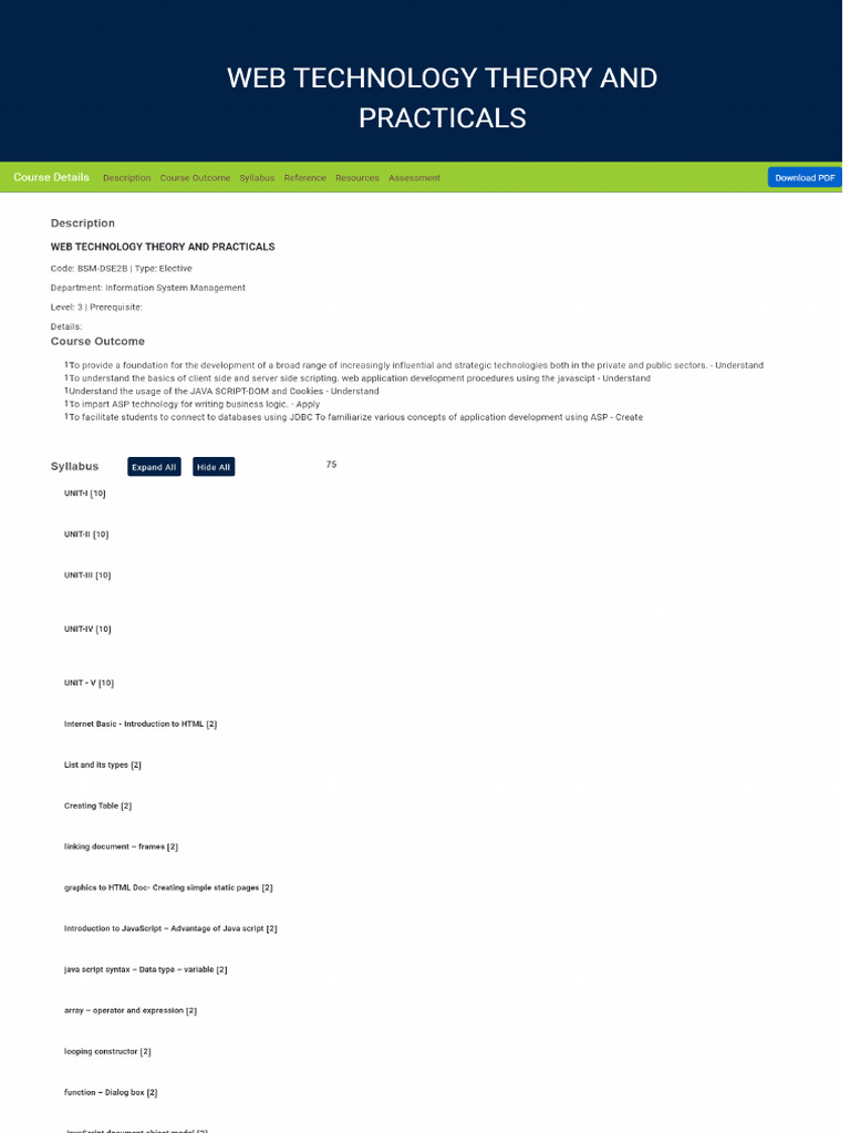 Web Technology Theory and Practicals - Coursedetails | PDF