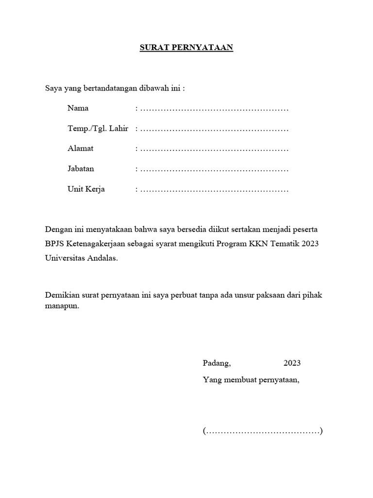 Surat Pernyataan Bpjs Ketenagakerjaan | PDF