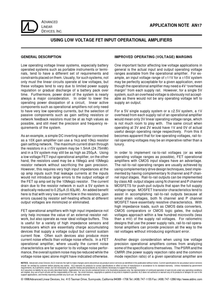 AN17 - Using Low Voltage Fet Input Operational Amplifiers - Advance ...