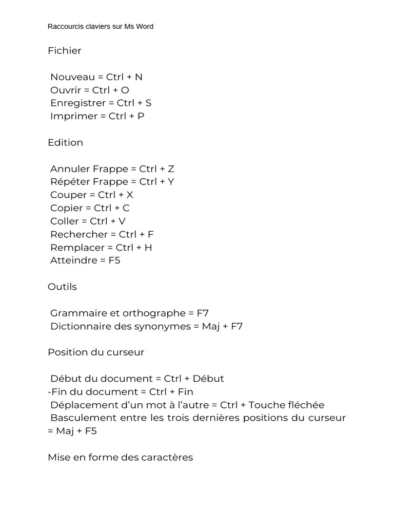 Raccourcis Clavier pour Word et Excel | PDF | Contrôle (touche ...