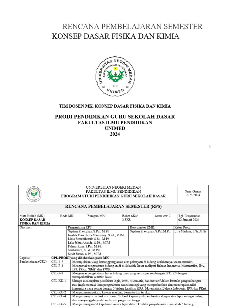RPS Konsep Dasar Fisika Dan Kimia 2024 | PDF RPS Konsep Dasar Fisika Dan Kimia 2024 | PDF