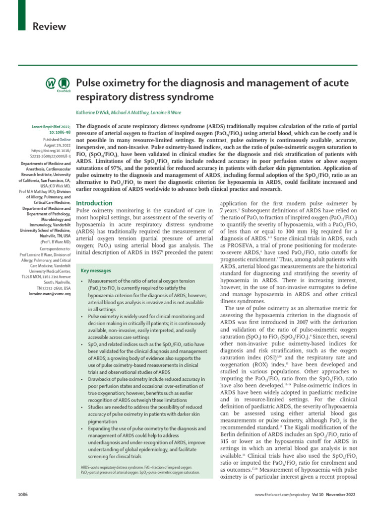 Pulse Oximetry For The Diagnosis and Management of | PDF | Clinical ...