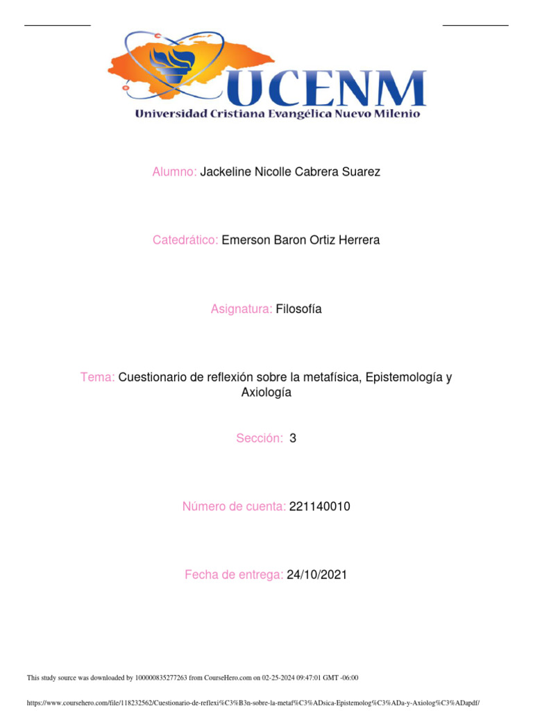 Cuestionario de Reflexi N Sobre La Metaf Sica Epistemolog A y Axiolog A PDF | PDF | Filosofía