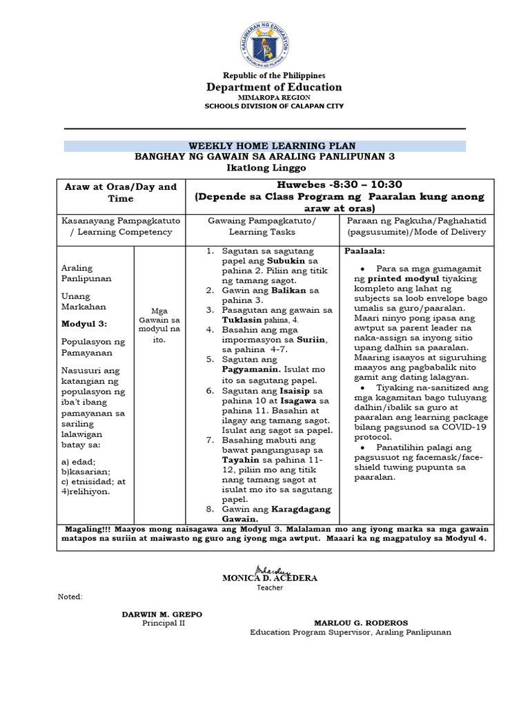 Weekly Home Learning Plan Module 3 Ap 3 | PDF