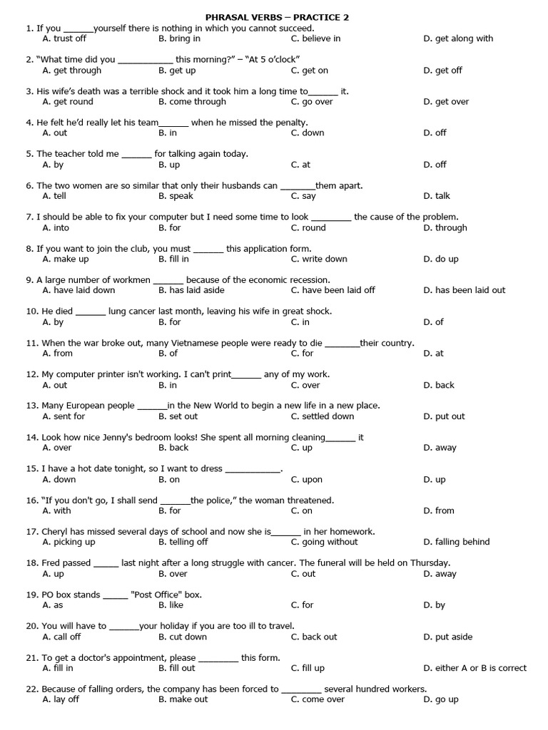 PHRASAL VERB PRACTICE 2 ĐỀ | PDF