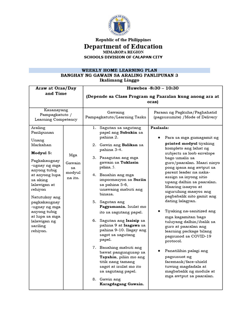 Weekly Home Learning Plan Module 5 Ap 3 | PDF