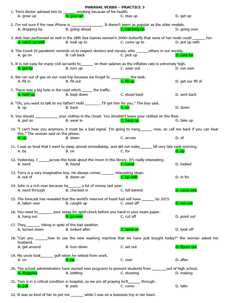 Phrasal Verb Practice 3 Key | PDF