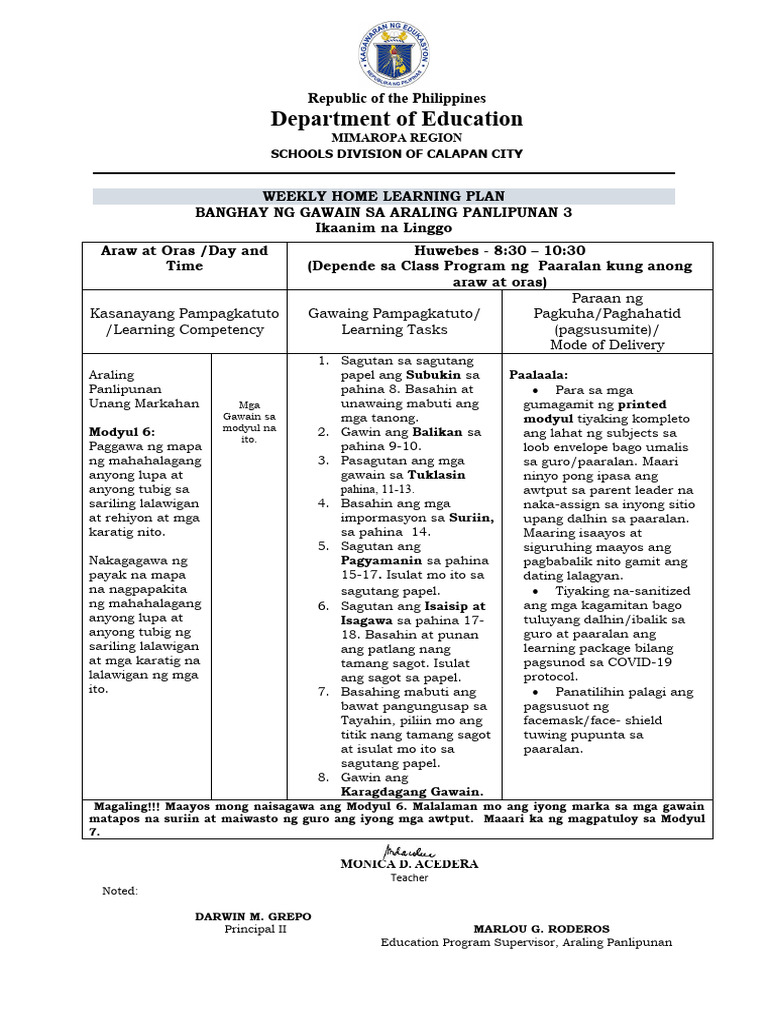 Weekly Home Learning Plan Module 6 Ap 3 | PDF