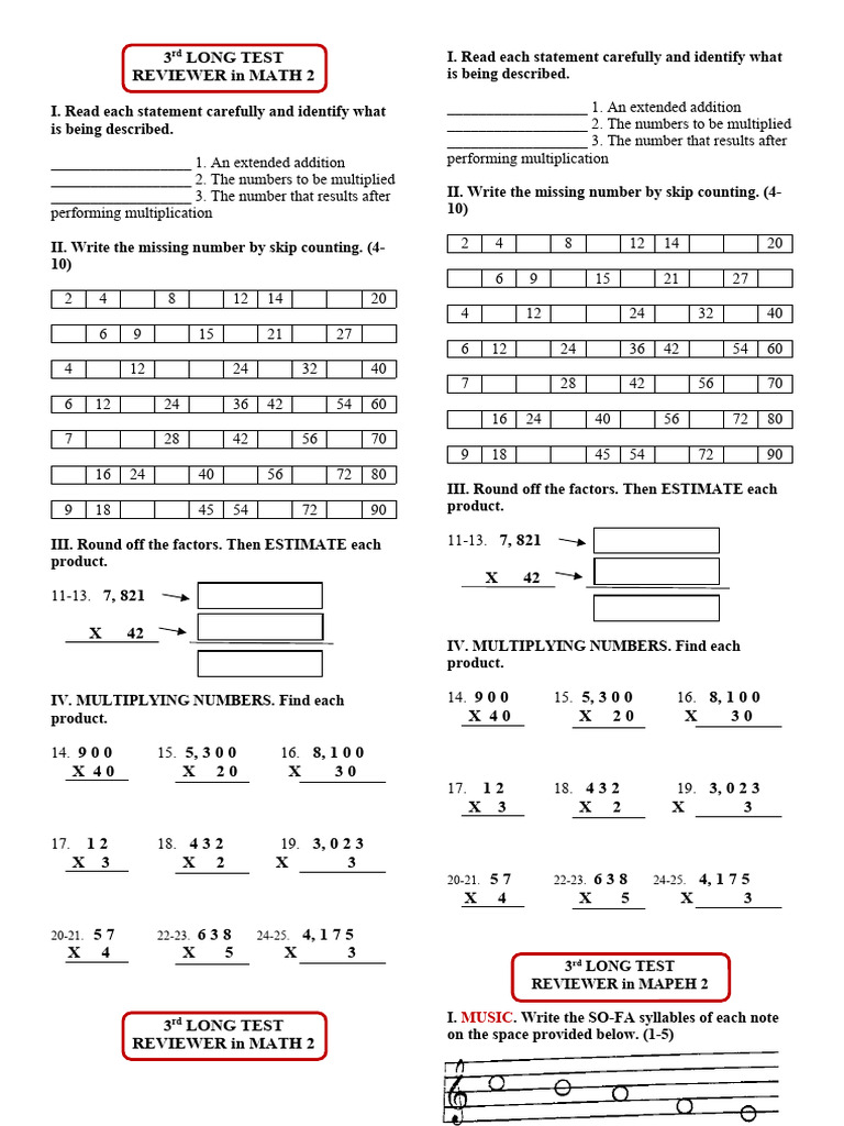 Math and MAPEH 3rd LT REVIEWERS | PDF