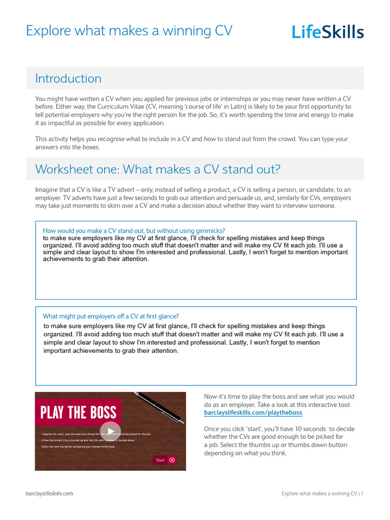 Barclays Life Skills - CV - Interactive - Worksheet | Download Free PDF ...