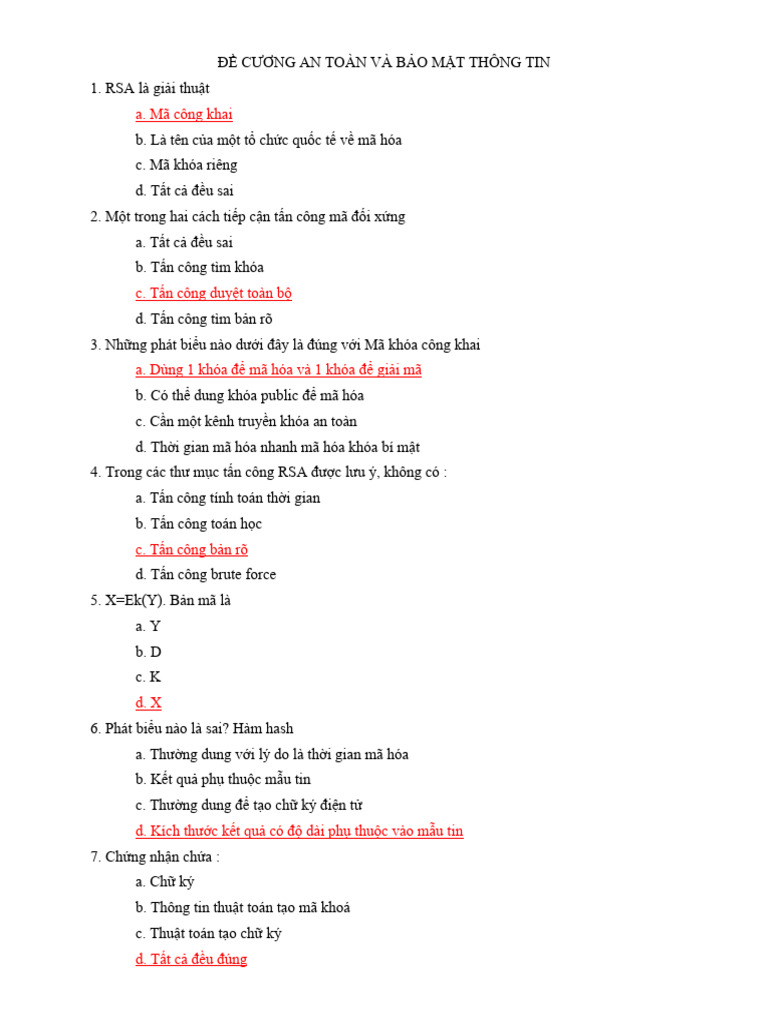 Bản sao Đề Cương môn AT BMTT - 100 câu | PDF