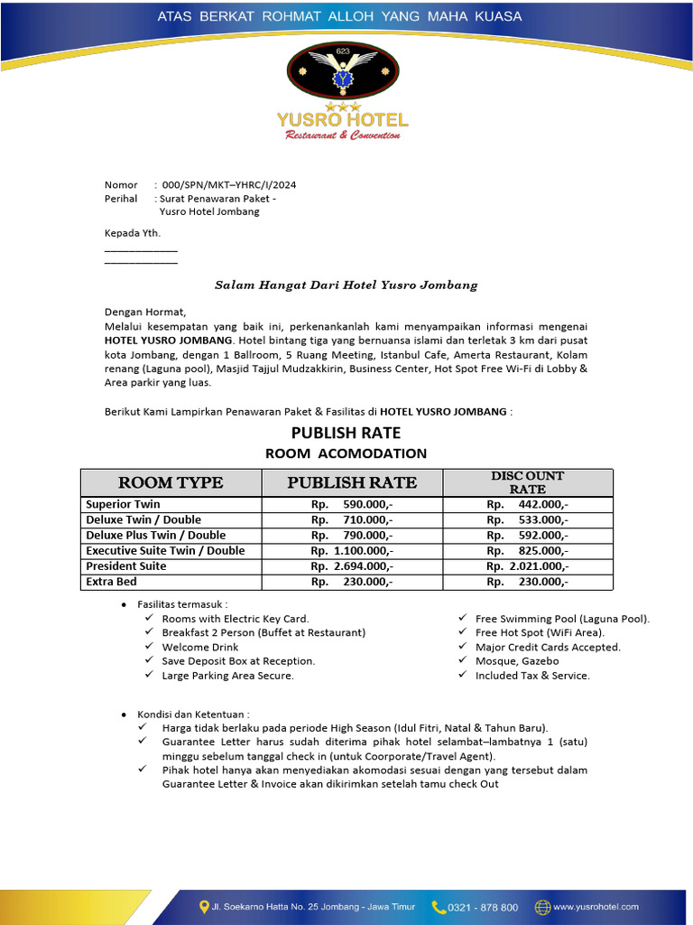 Penawaran Paket Hotel Yusro Jombang | PDF