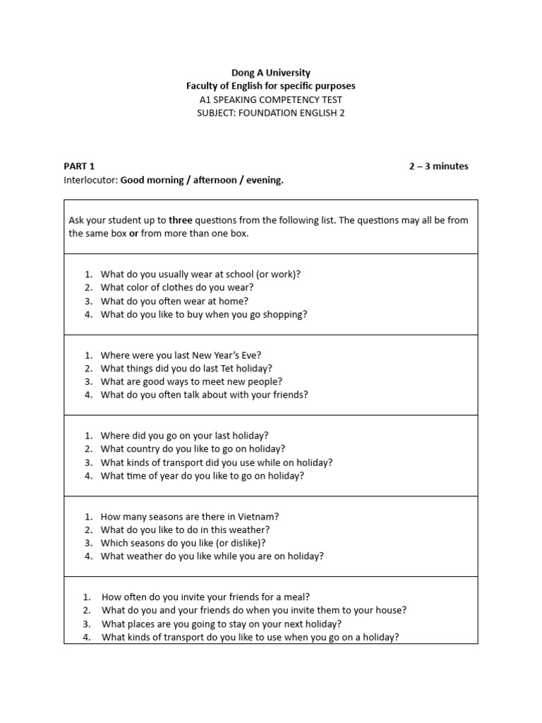 A1 Mid Course Competency Speaking Test | PDF