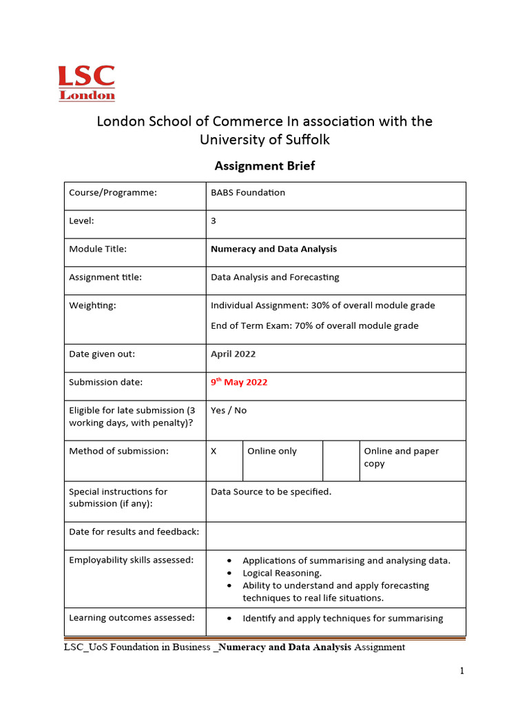Assignment - UoS BABSFY S2 Numeracy and Data Analysis Assignment 1 ...