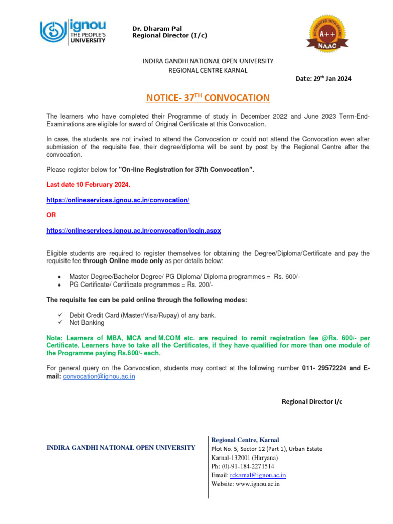 IGNOU 37th Convocation Registration Notice | PDF | Diploma ...