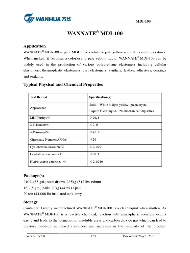 Wannate Mdi-100 en V5 | PDF | Polyurethane | Physical Chemistry