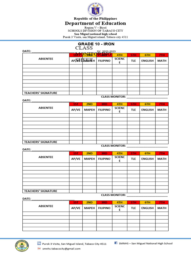 Class Monitoring Sheet | PDF